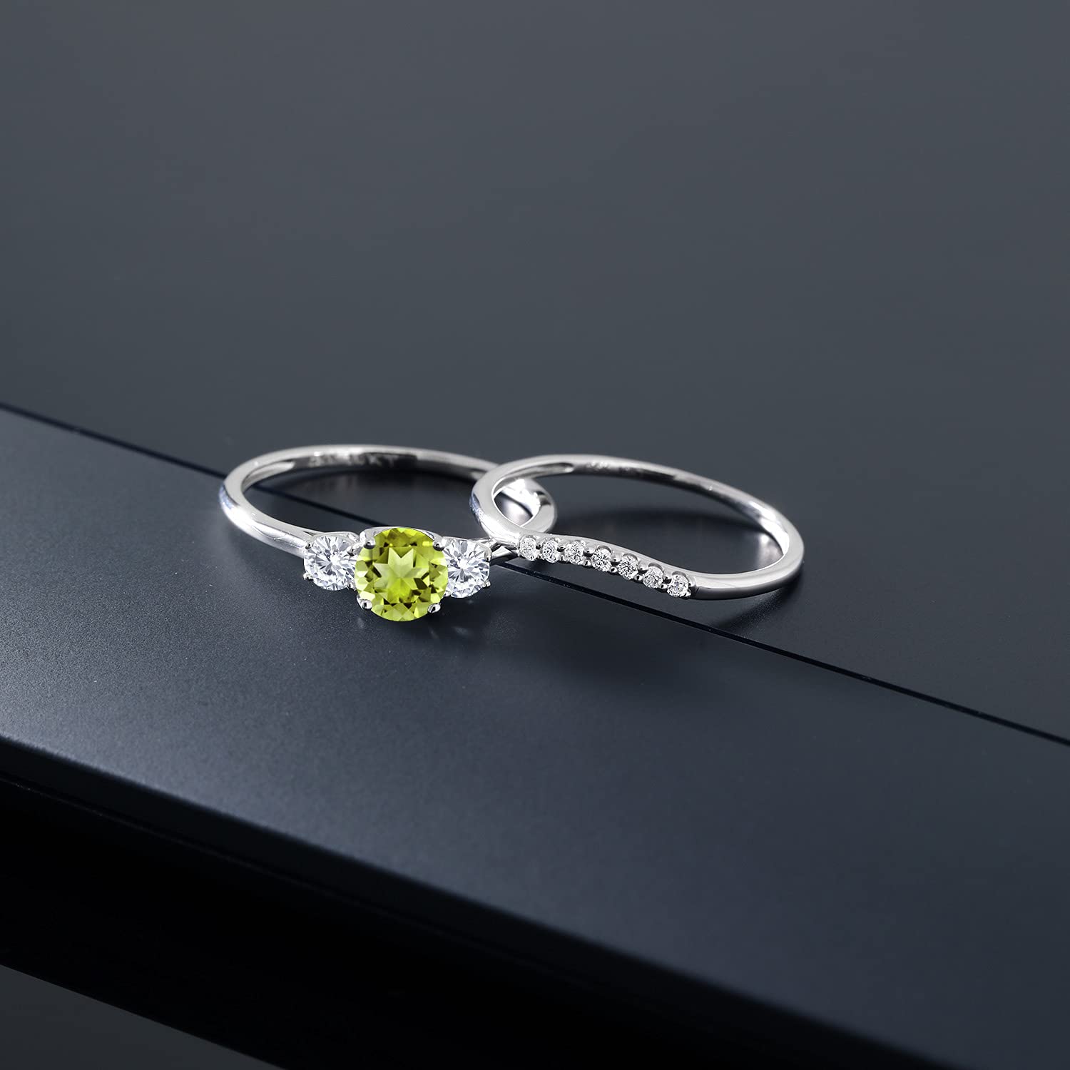 Gem Stone King 10K White Gold Green Peridot and White Lab Grown Diamond 3-Stone Bridal Engagement Wedding Ring Set For Women (0.79 Cttw, Gemstone August Birthstone, Round 5MM, Size 6)