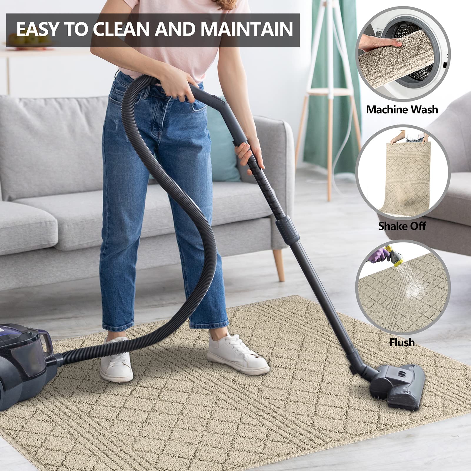 FONEYI Indoor Door Mat, Front Back Door Mat 32" x 48" Non-Slip Rubber Backing Door Rug, Machine Washable Entry Rug, Low Profile Absorbent Dirt Trapper Doormat Inside Floor Mats for Entryway, Beige