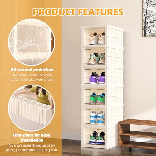 Foldable Shoe Storage Box, 6 Tier Plastic Shoe Storage Cabinet Organizer with Clear Door for Entryway, Shoe Sneaker Storage Containers Fit up to US Size 12, All-in-One