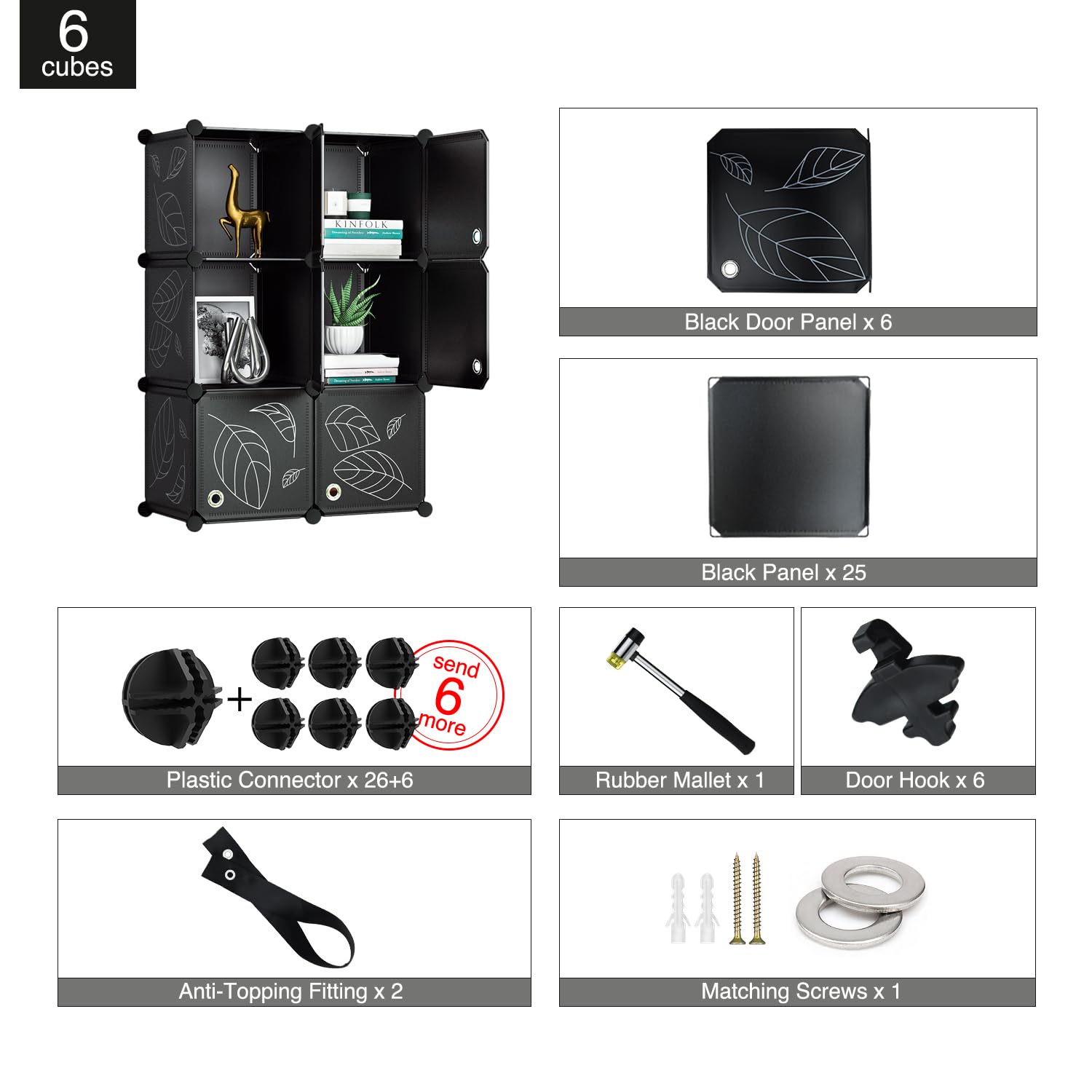 GREENSTELL Cube Storage Organizer, 6-Cube Closet Organizer with Doors, DIY Plastic Storage Cubes Organizer, Modular Storage Cabinet Book Shelf Shelving for Bedroom, Living Room, Office Black