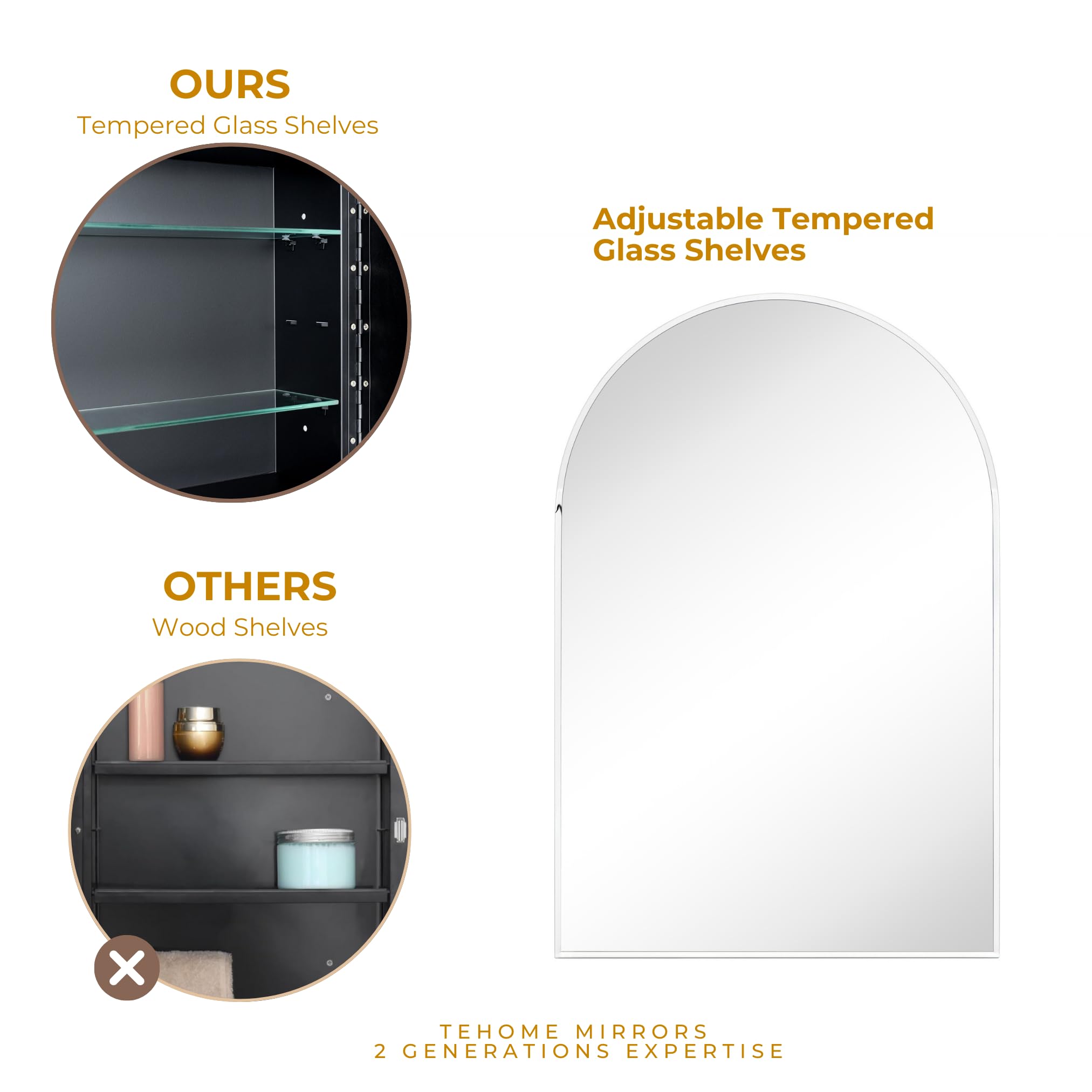 TEHOME 20 x 30'' Brushed Gold Arched Bathroom Medicine Cabinet with Mirror Recessed and Surface Mount Medicine Cabinet Mirror