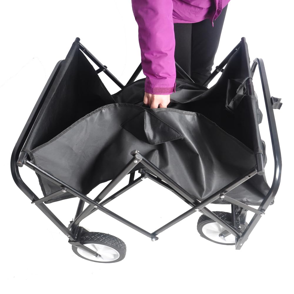 Folding Collapsible Wagon,Large Capacity Outdoor Wagons Carts Heavy Duty Foldable Utility with Big All-Terrain Wheels &2 Side Pocket for Camping,Sports, Garden Shopping Beach Cart(Black)