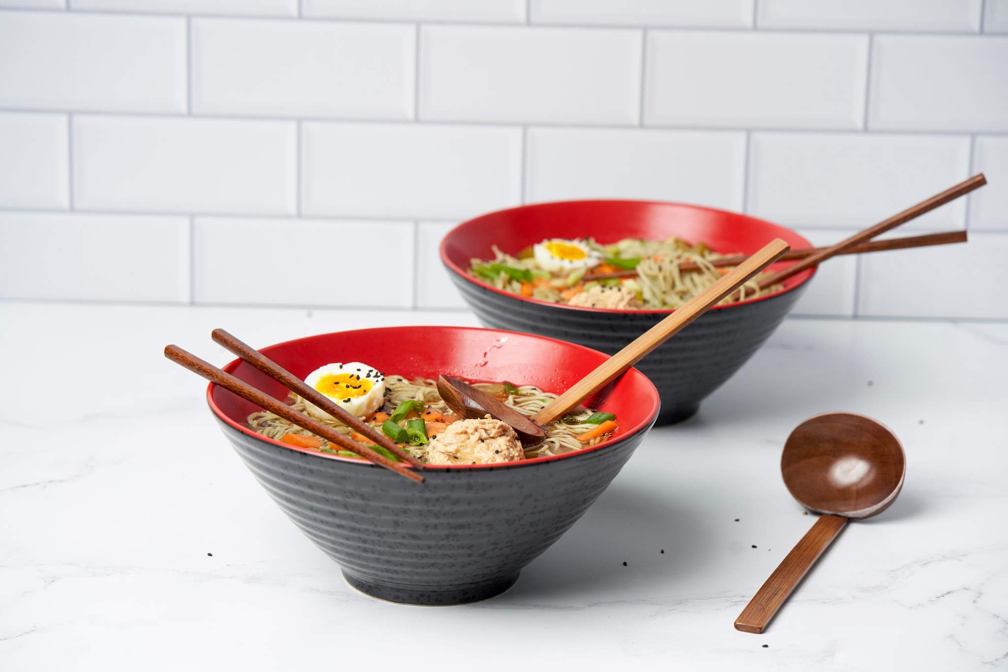 KooK Ceramic Japanese Ramen Bowl Set, with Wooden Spoons and Chopsticks, Noodle Soup Bowl, Microwavable, for Udon Soba Pho Asian Noodles, 60 oz, Black/Red, Set of 2