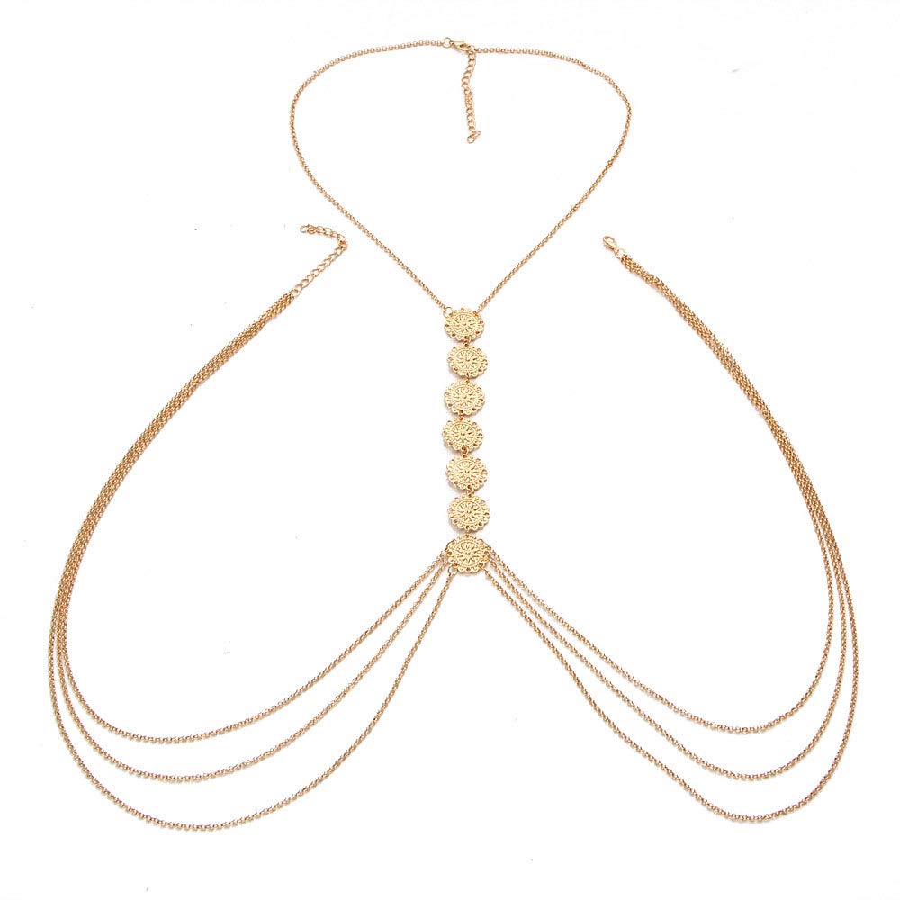 fxmimior Womens Harness Body Chest Belly Waist Chain Necklace Beach Bikini Jewelry Silver (Gold)