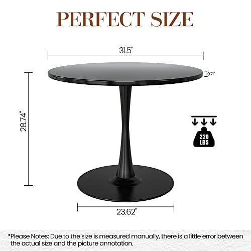 Recaceik Modern Round Dining Table, 31.5'' Tulip Table with MDF Table Top & Metal Pedestal Base for Dining Room Living Room Cafe, Kitchen w/ 0.71” Thickened Tabletop for 2-4 People, Black