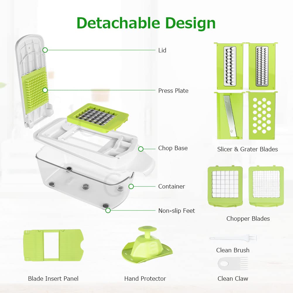 Food Dicer, Vegetable Chopper 6 Blades, Mandoline Slicer for Kitchen, Onion Chopper Dicer, Kitchen Chopper Mandolin Slicer, Fruit and Veggie Chopper with Container Vegetable Cutter Green