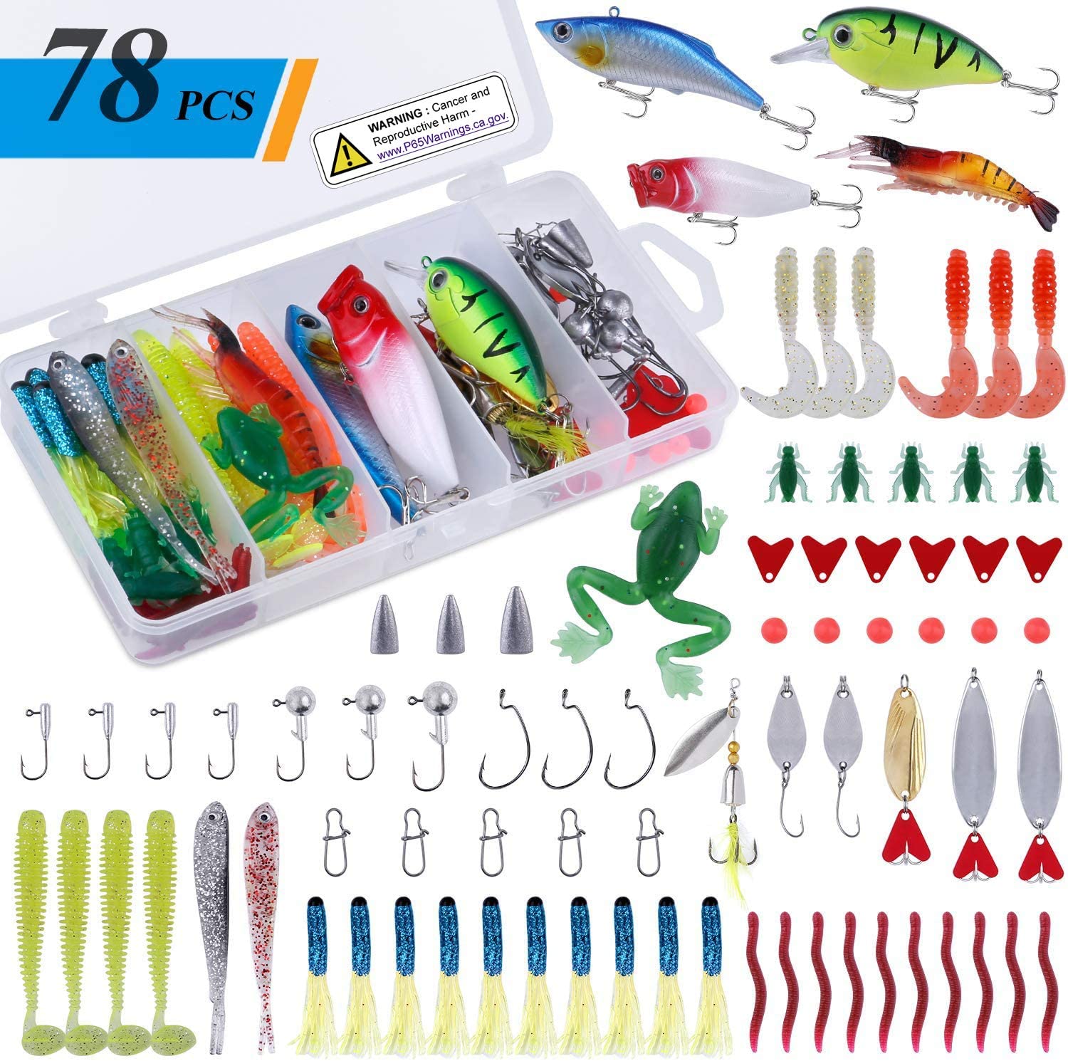 Fishing Lures Kit for Bass, Including Frog Lures, Plastic Worms, Spinner Bait, Crank Bait, Jigs, Topwater Lure with Tackle Box (123PCS)