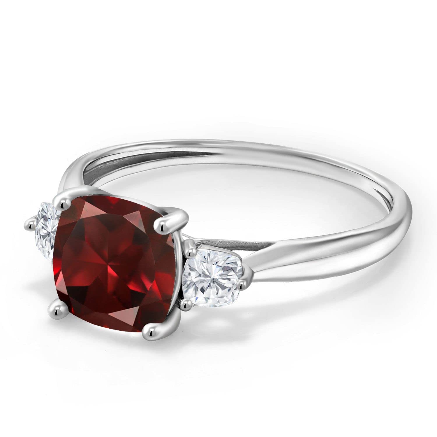 Gem Stone King 10K White Gold Red Garnet and White Moissanite 3 Stone Engagement Ring For Women (2.11 Cttw, Cushion 7MM, Gemstone January Birthstone) (Size 5)