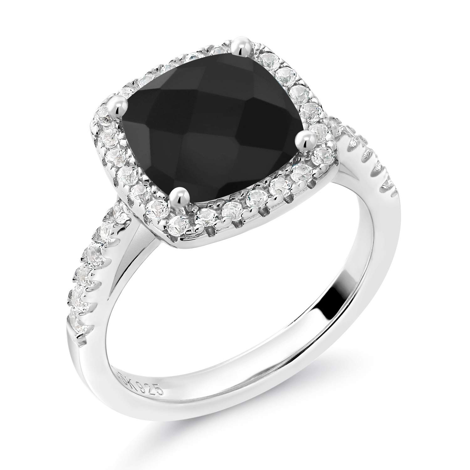 Gem Stone King 925 Sterling Silver Black Onyx and White Created Sapphire Ring For Women (2.61 Cttw, Cushion Checkerboard 8MM, Gemstone Birthstone, Available In Size 5, 6, 7, 8, 9)