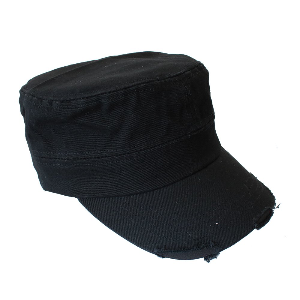 Gelante Cadet Caps 100% Breathable Cotton Plain Flat Top Twill Militray Style with Adjustable Strap. (Distressed Black)