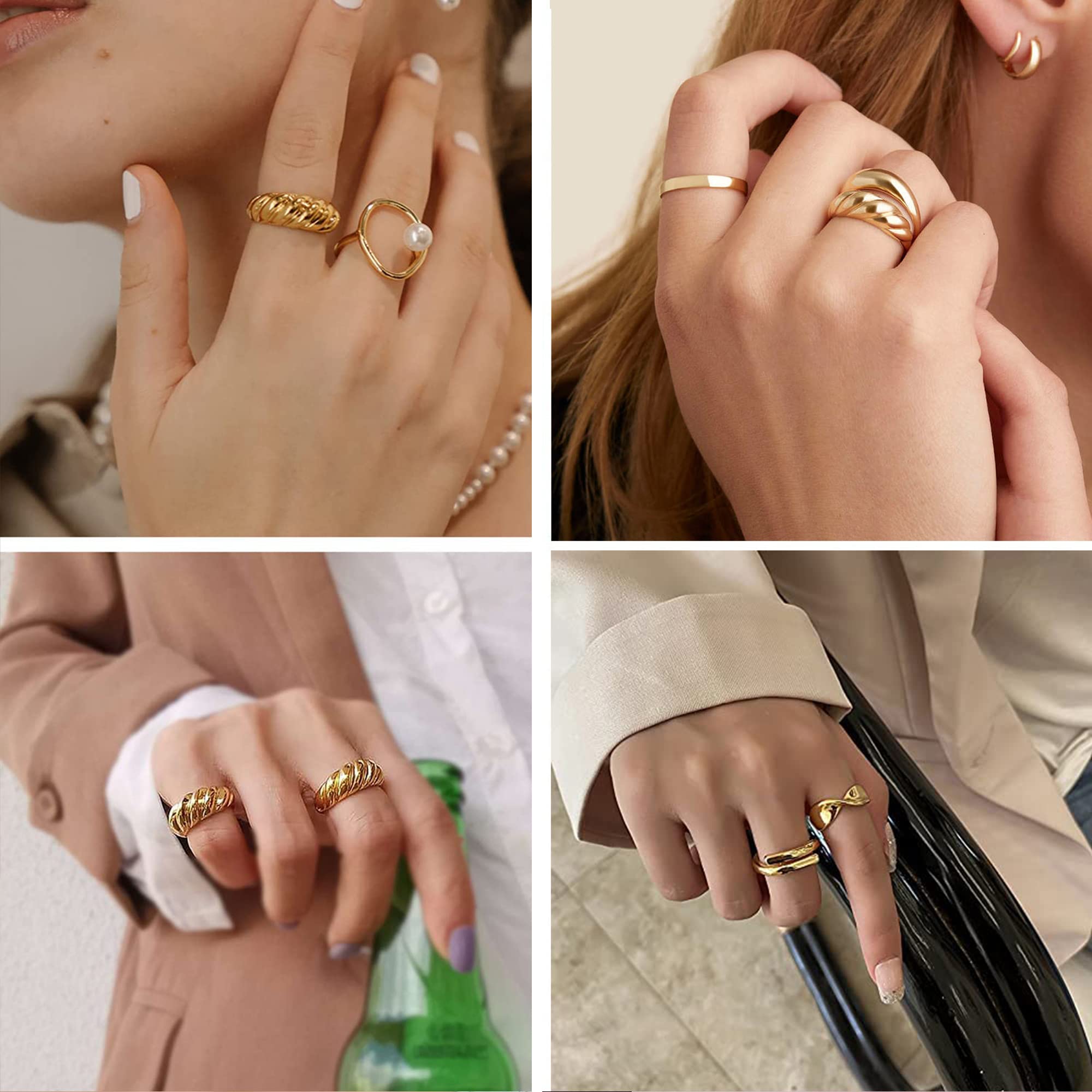 HAIAISO 16Pcs Gold Chunky Dome Ring Set for Women 18K Gold Plated Stackable Open Link Ring Trendy Braided Twisted Geometric Heart Signet Ring Adjustable Band Ring Minimalist Statement Over 3 Years Old