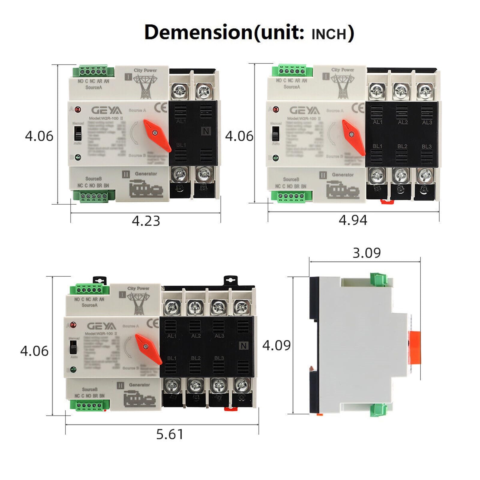 GAEYAELE Mini ATS Automatic Transfer Switch Controller Electrical Type ATS Max 63A 4POLE 110V Din Rail Mounted(4P-63A-110V)