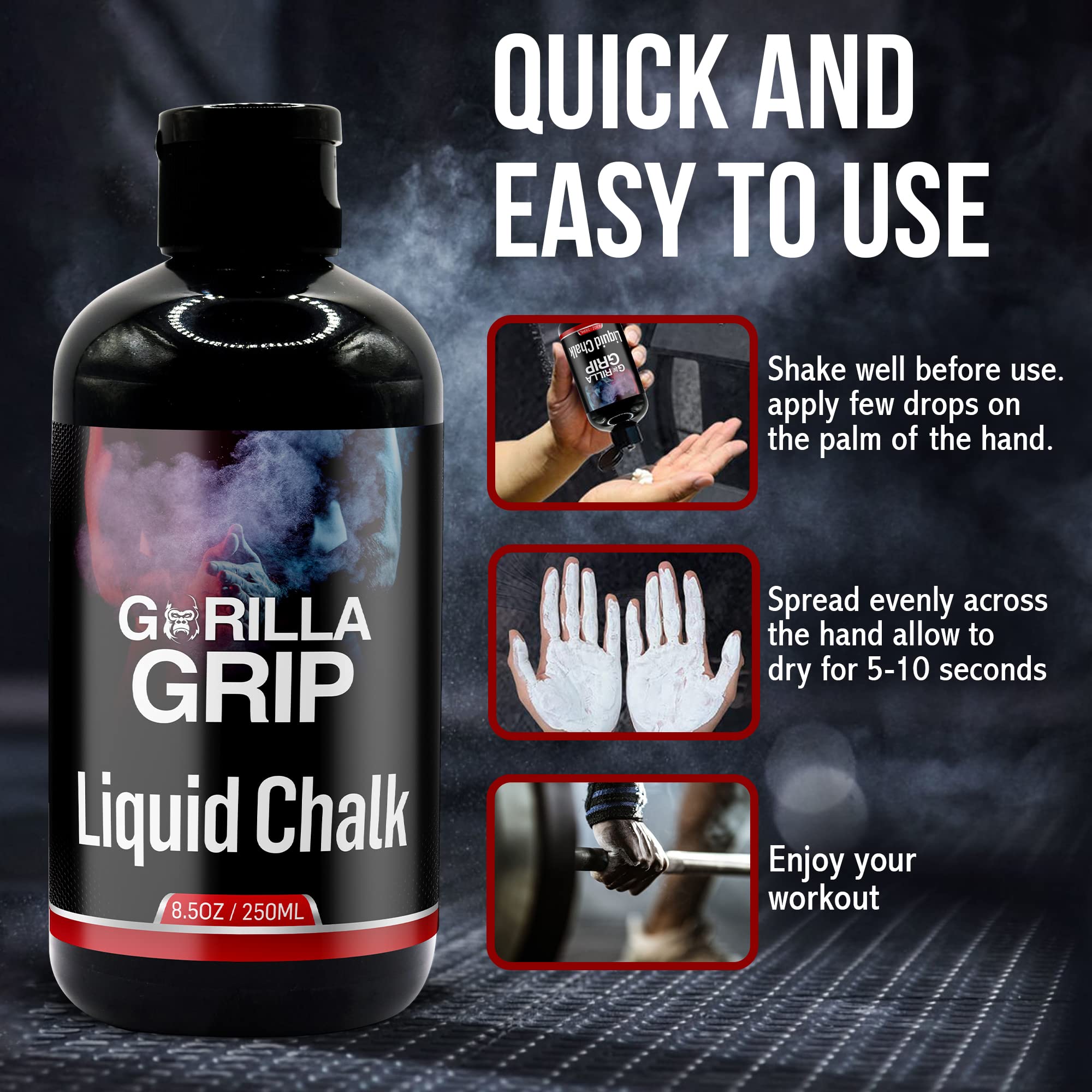 Gorilla Grip Pro Grade Liquid Chalk Bundle of 2 (50ml and 250ml), for Weightlifting, Rock Climbing, Cross Training, Powerlifting, & Pole Dancing Gym Approved Workout Chalk for Hands & Calluses.