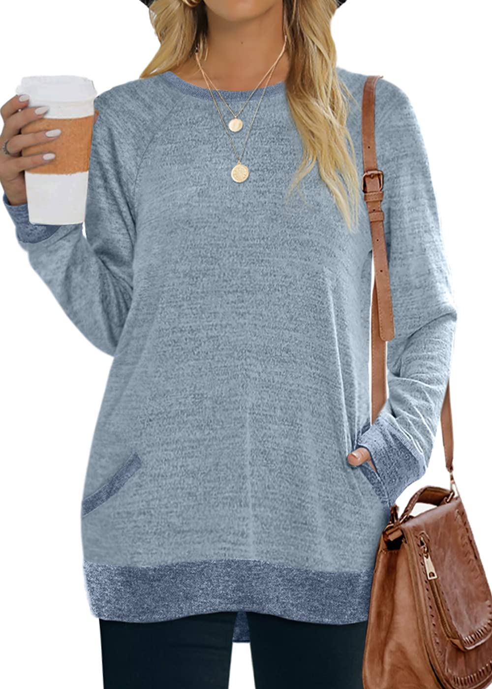 Geifa Womens Sweatshirts Long Sleeve Tee Shirts Loose Casual Sweaters Grey White L Womens Fall Fashion 2023