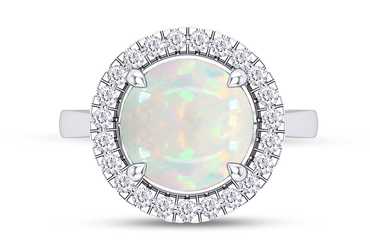 GEMVIO Collection 6MM Round Natural White Opal Gemstone & Natural Diamond Frame in 10K Solid White Gold Halo Engagement Bridal Wedding Band Ring (0.85 Cttw) Size-6