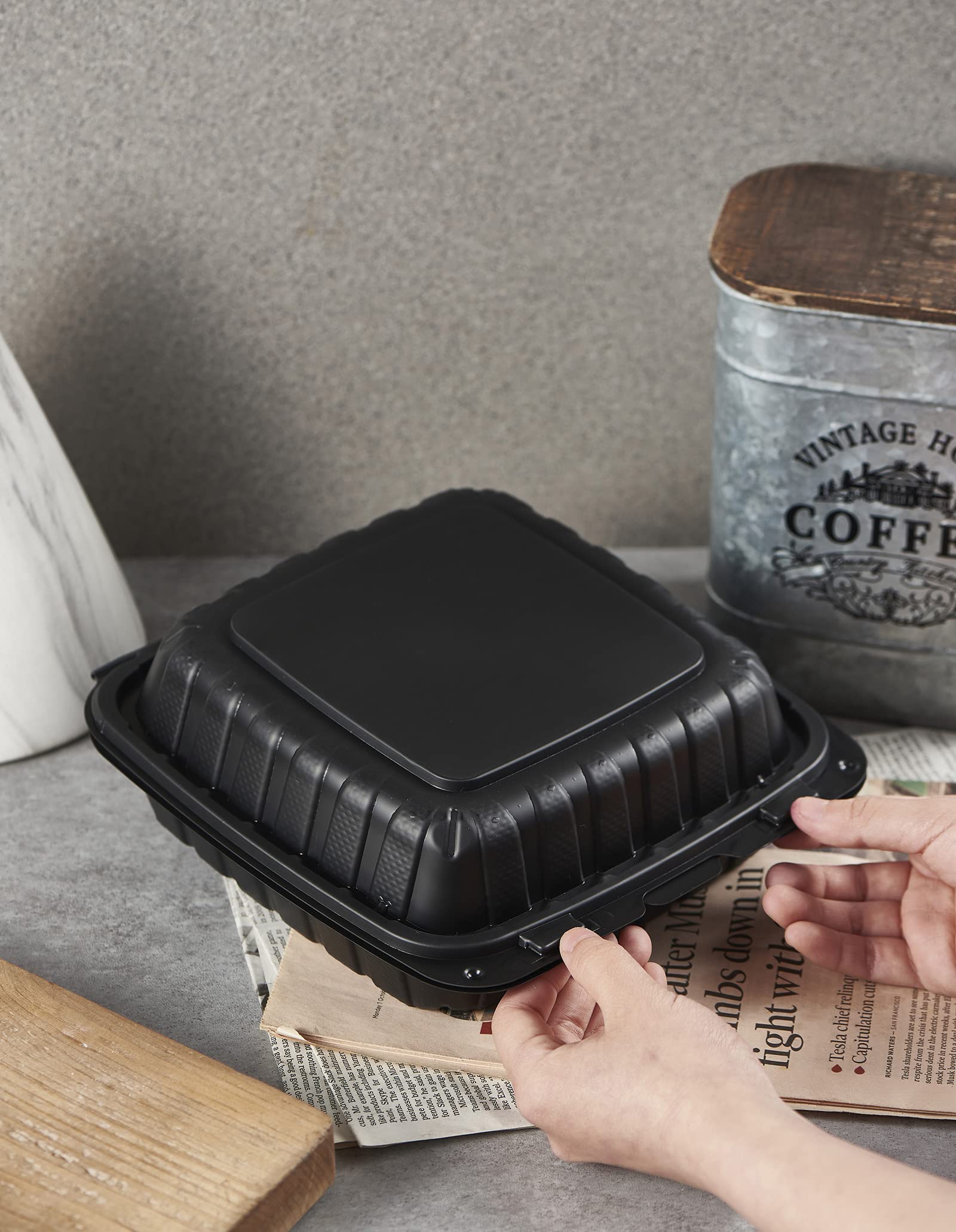 FULING [8x8-Inch, 50 Pieces Disposable To Go Box Containers, Plastic Clamshell Takeout Food Trays, Microwave Safe, Cut Resistantstable Hinged Lid, Hybrid Polypropylene, Black