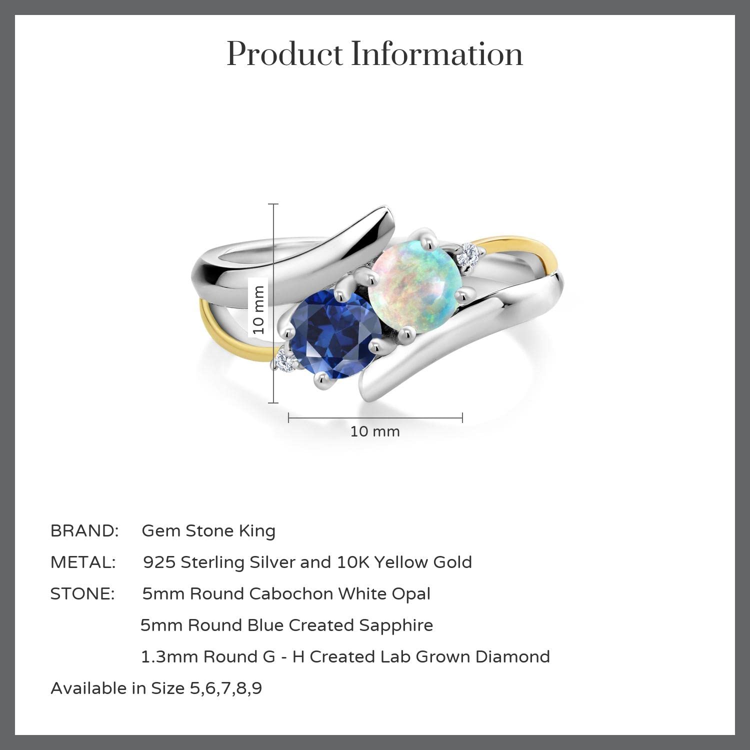 Gem Stone King 925 Silver and 10K Yellow Gold Round Cabochon White Simulated Opal Blue Created Sapphire and White Lab Grown Diamond 2 Stone Crossover Ring (1.12 Cttw, Available In Size 5, 6, 7, 8, 9)