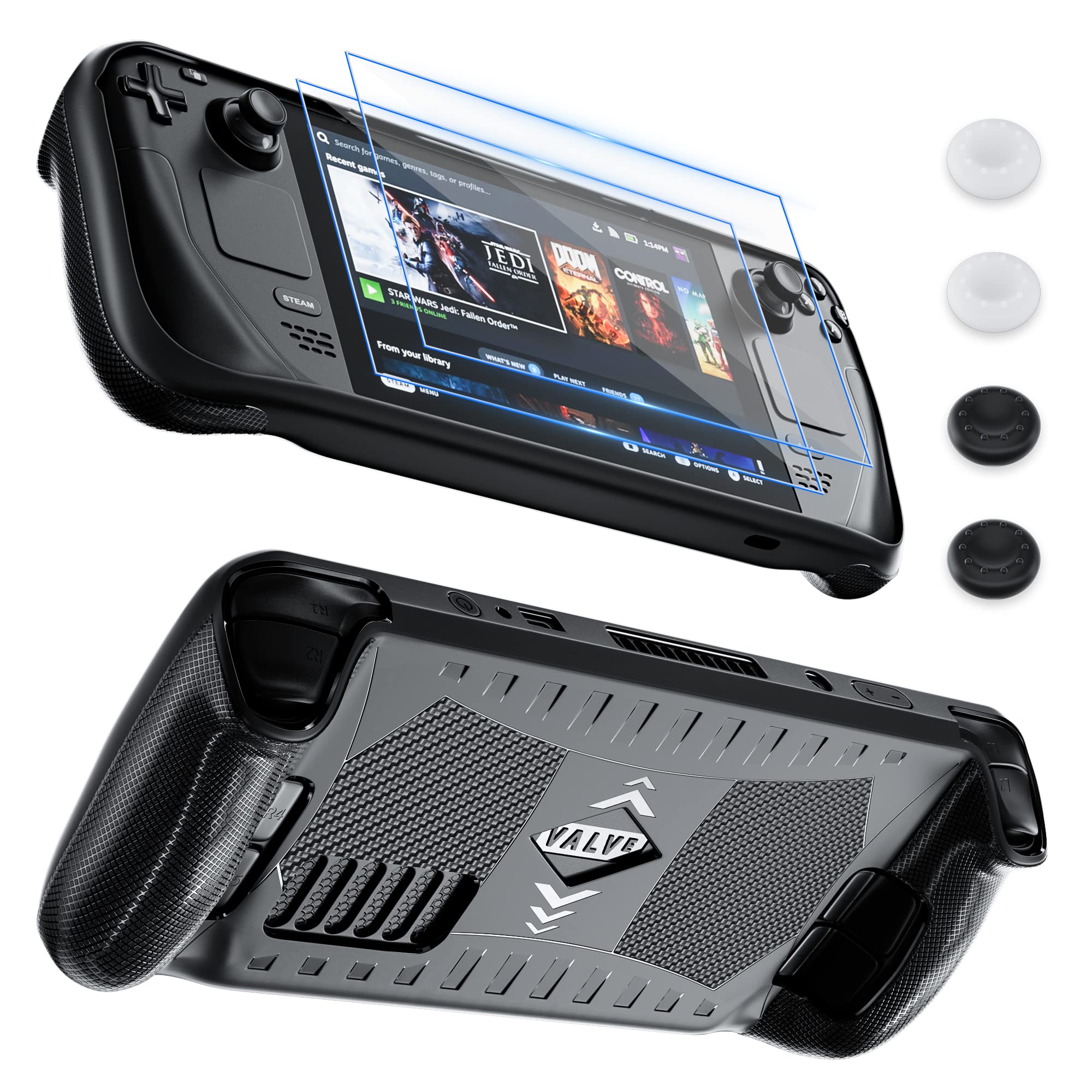 FUNDIARY Thickened TPU Protective Shell for Steam Deck, Non-Slip Texture Handle Case Compatible with Steam Deck, Anti-Collision Cover with 4 Thumb Caps and 2 Tempered Glass Screen Protector