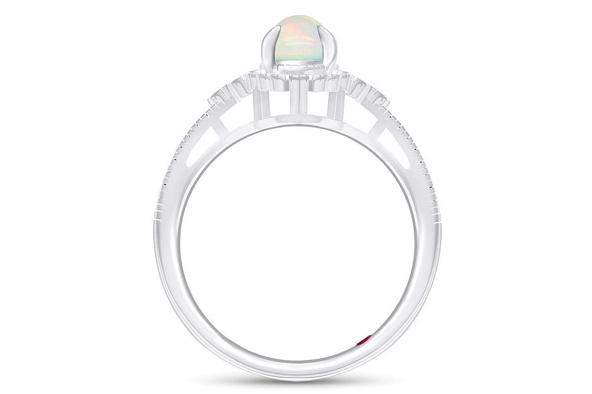 Gemvio Collection 3/4 CT 7X5MM Oval Cut Natural White Opal Gemstone With Diamond Frame Vintage-Style Ring In 14K Solid White Gold Engagement Wedding Ring (0.75Cttw)-8