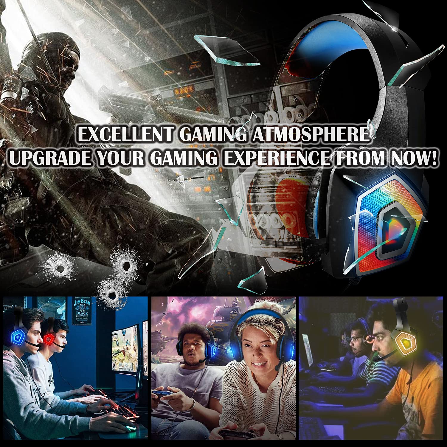 GALOPAR Stereo Gaming Headset for PC, PS4, Xbox One, 3D Surround Sound Headset with Noise Canceling Mic LED Light, Over-Ear Headphones Compatible with PS4, Xbox One, Switch, PC, Mac, Laptop