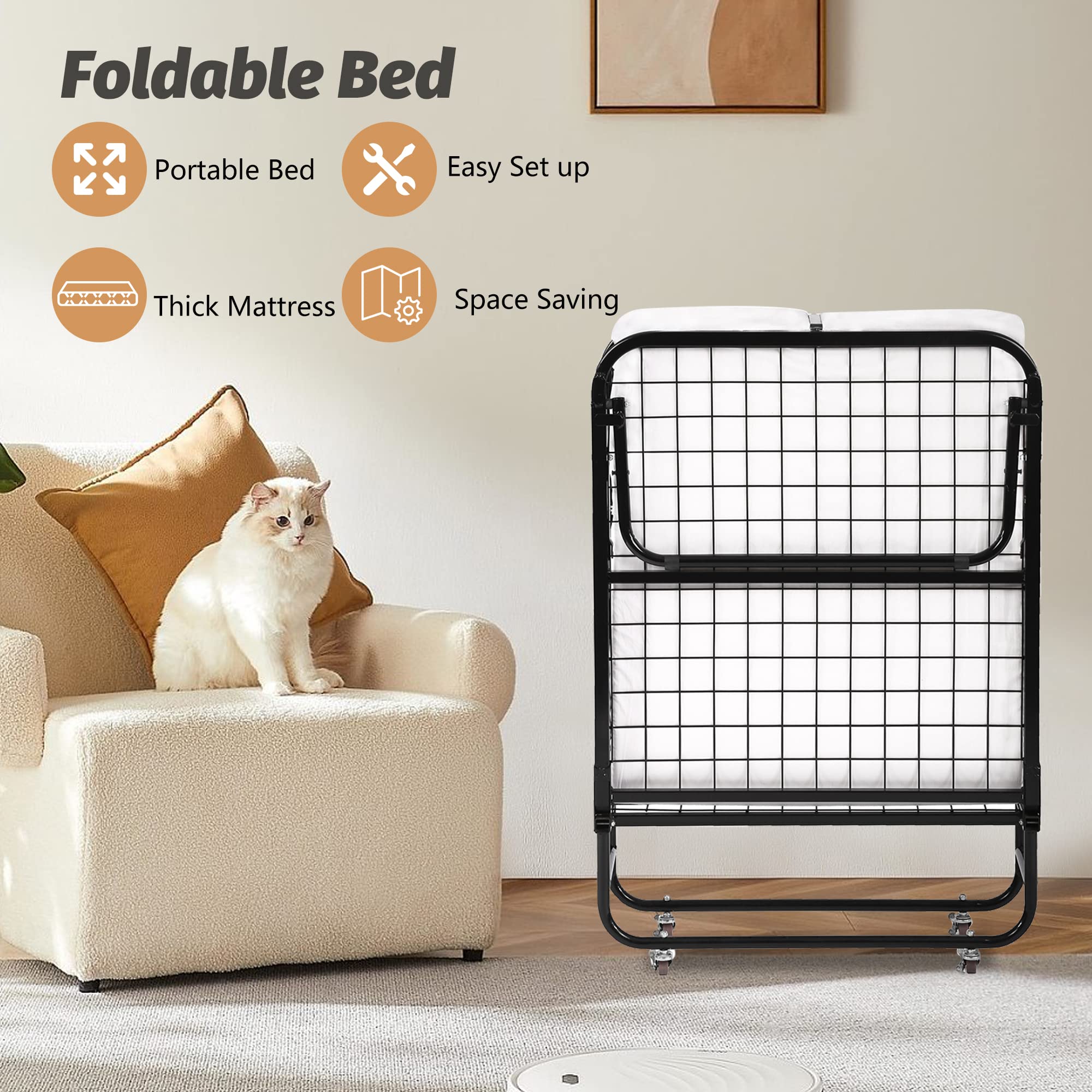 Folding Guest Bed with Wheels Guest Beds Portable Beds Extra Roll Away Foldaway 3.9 Inch Comfort Foam Mattress Strong Sturdy Frame Heavy Duty L75*W30*H12 Inches，White