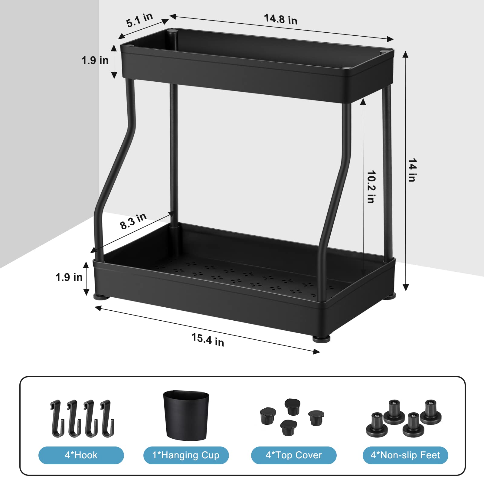 Heyzeibo Under Sink Organizers and Storage, 2 Tier Kitchen Organization with 4 Hooks and 1 Hanging Cup Multi-Use Under Sink Bathroom Organizer for Kitchen, Sink, Bedroom, Cabinet
