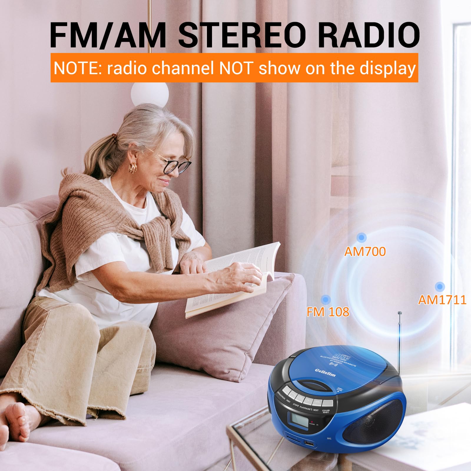 Gelielim Boombox CD Player, CD Players for Home with Bluetooth, AM FM Radio, Portable CD Boombox Support USB, SD, MMC Drive, LCD Display, Headphone Jack, AC/DC Powered, Gifts Idea for Elder-Blue