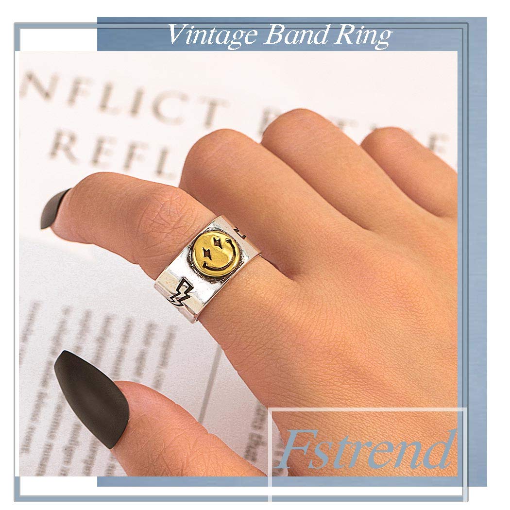 Fstrend Smiley Face Ring Vintage Stainless Steel Rings Retro Statement Band Adjustable Smiling Open Ring Jewelry for Women and Girls(Gold)
