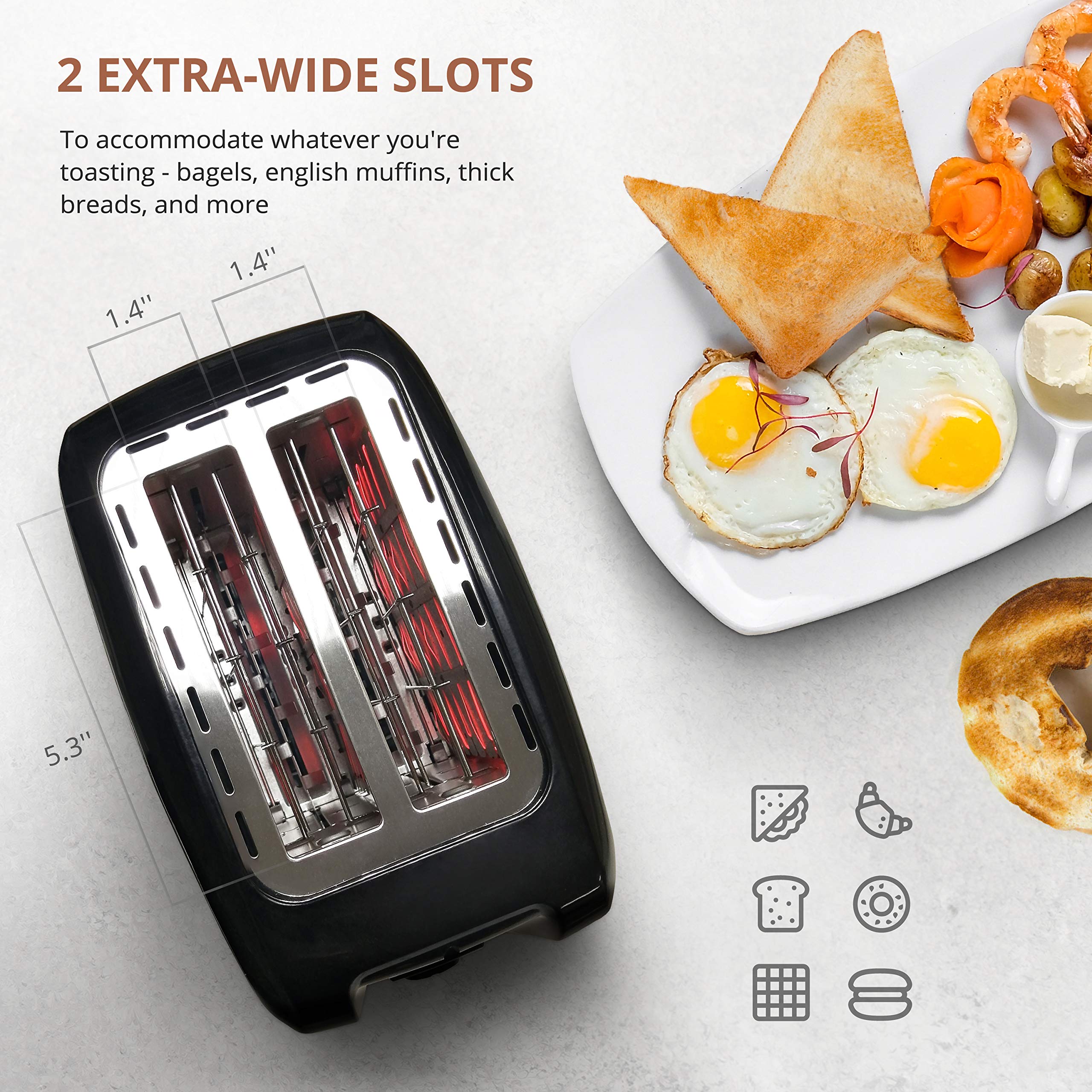 Gastrorag 2 Slice Toaster – Wide Slot Stainless Steel Toaster with 7 Bread Shade Settings, Reheat/Defrost/Cancel Functions, Removable Crumb Tray, Cool Touch & Easy Clean, Black/Silver