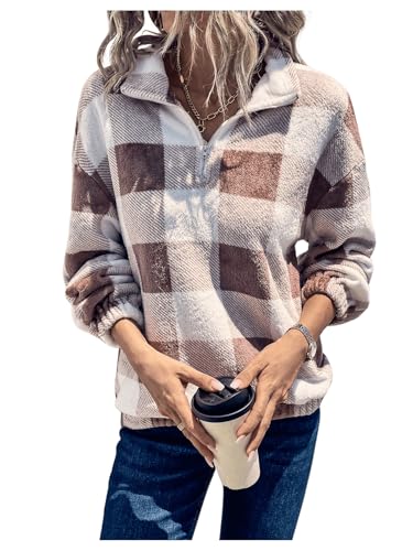 GORGLITTER Women's Quarter Zip Pullover Fall Shirts 2024 Sweatshirt Work Clothes White and Brown X-Large