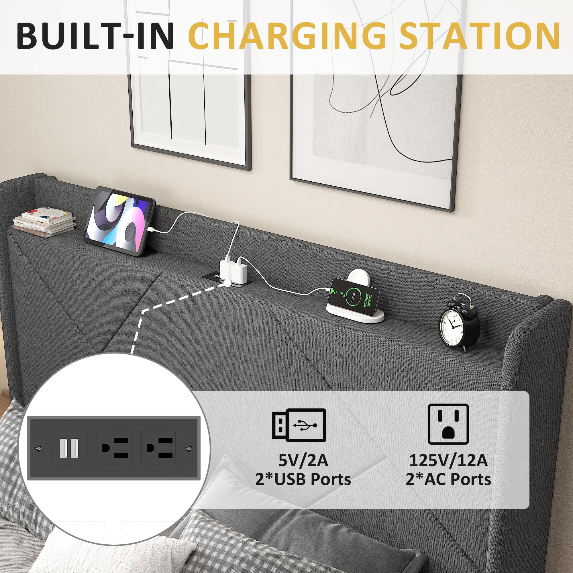 Fluest Queen Bed Frame with Headboard Storage Upholstered Wingback Headboard Built-in Charging Station USB Ports Wooden Slats Support,No Box Spring Needed,Mattress Foundation,Dark Grey