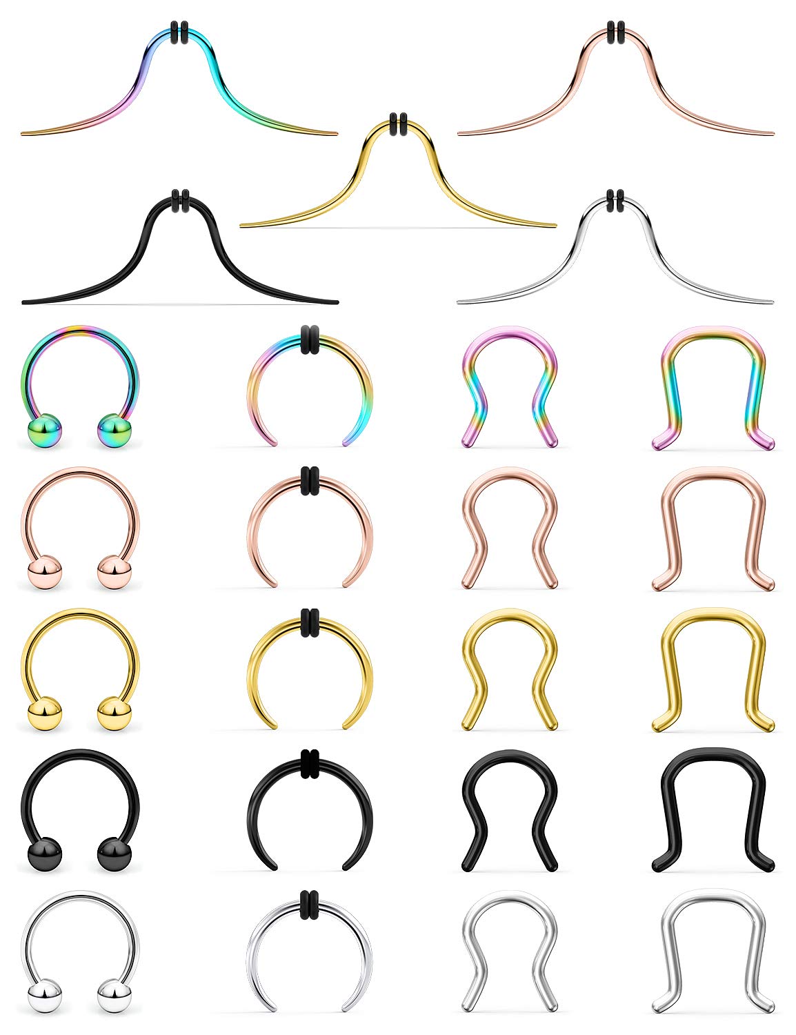 Ftovosyo 25pcs 16G Septum Jewelry Surgical Steel Nose Septum Ring Hoop Retainer Piercing Jewelry for Women Men Silver Rose Gold Black Rainbow