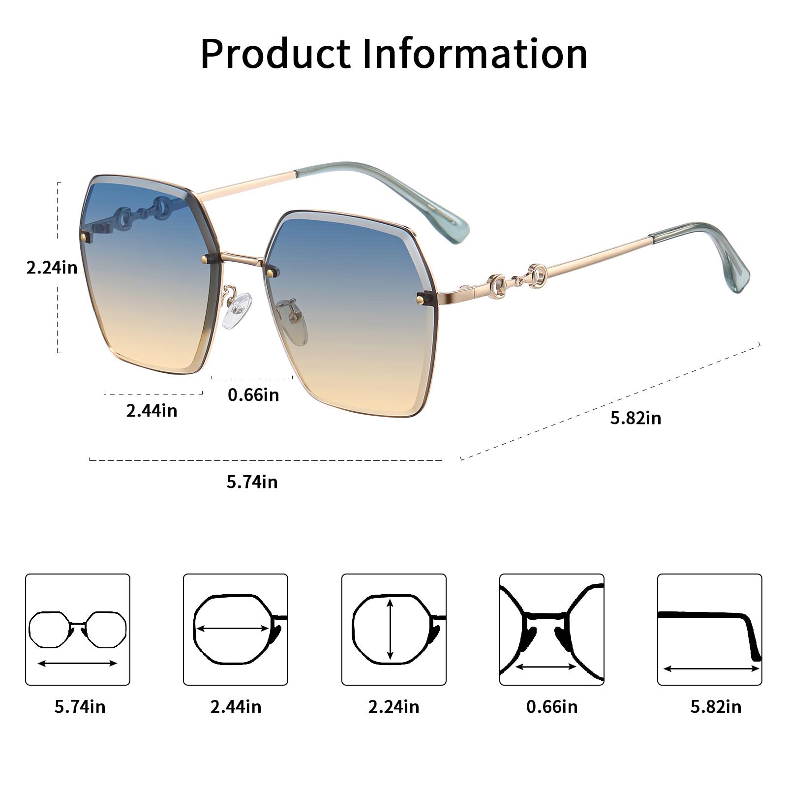 Fullgren Trendy Oversized Square Rimless Sunglasses for Women Men UV401 Metal Sun Glasses