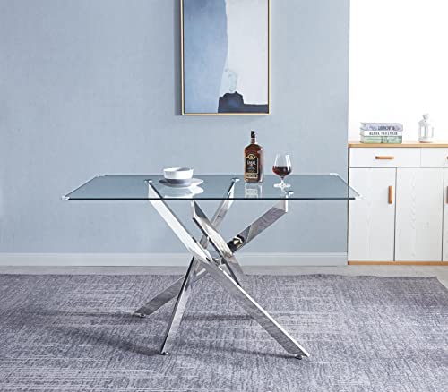 Rectangular Glass Dining Table, Modern Rectangular Dining Table with Tempered Glass Top, 4 Silver Chrome Metal Legs, Dining Room Table for 6,Kitchen Table,Coffee Table for Living Room (Silver)