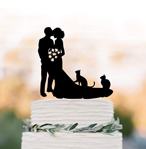 Wedding Cake Toppers Bride and Groom With Cats Animal Black Color Acrylic Silhouette Wedding Party Engagement Decoration