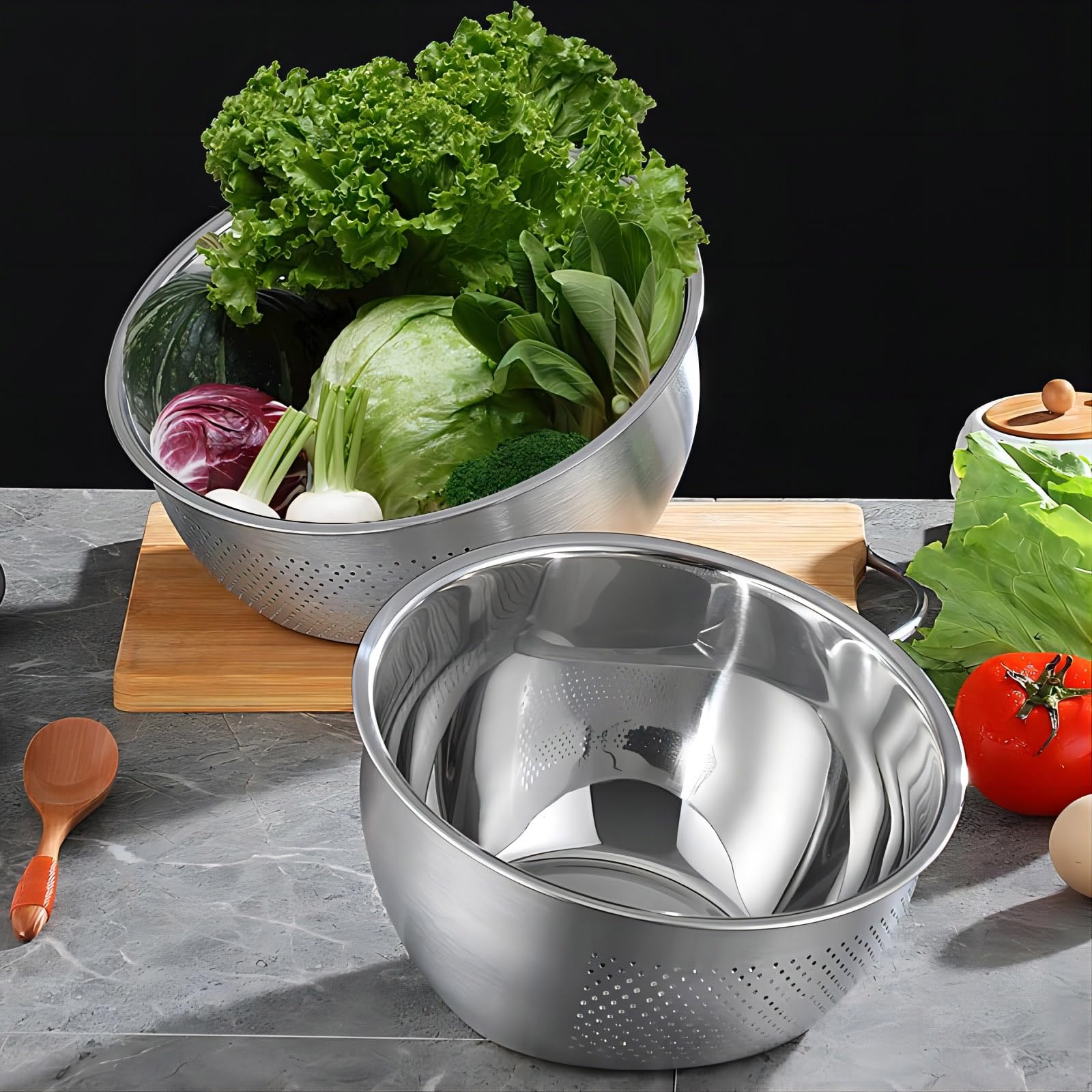 GREATLINK Stainless Steel Colander Rice Washing Bowl - 4 in 1 Washing Bowl Kitchen Colander Strainer Fine Mesh Strainer for Washing Vegetables, Fruit, Beans & Pasta, Microporous Colander Washing Bowl