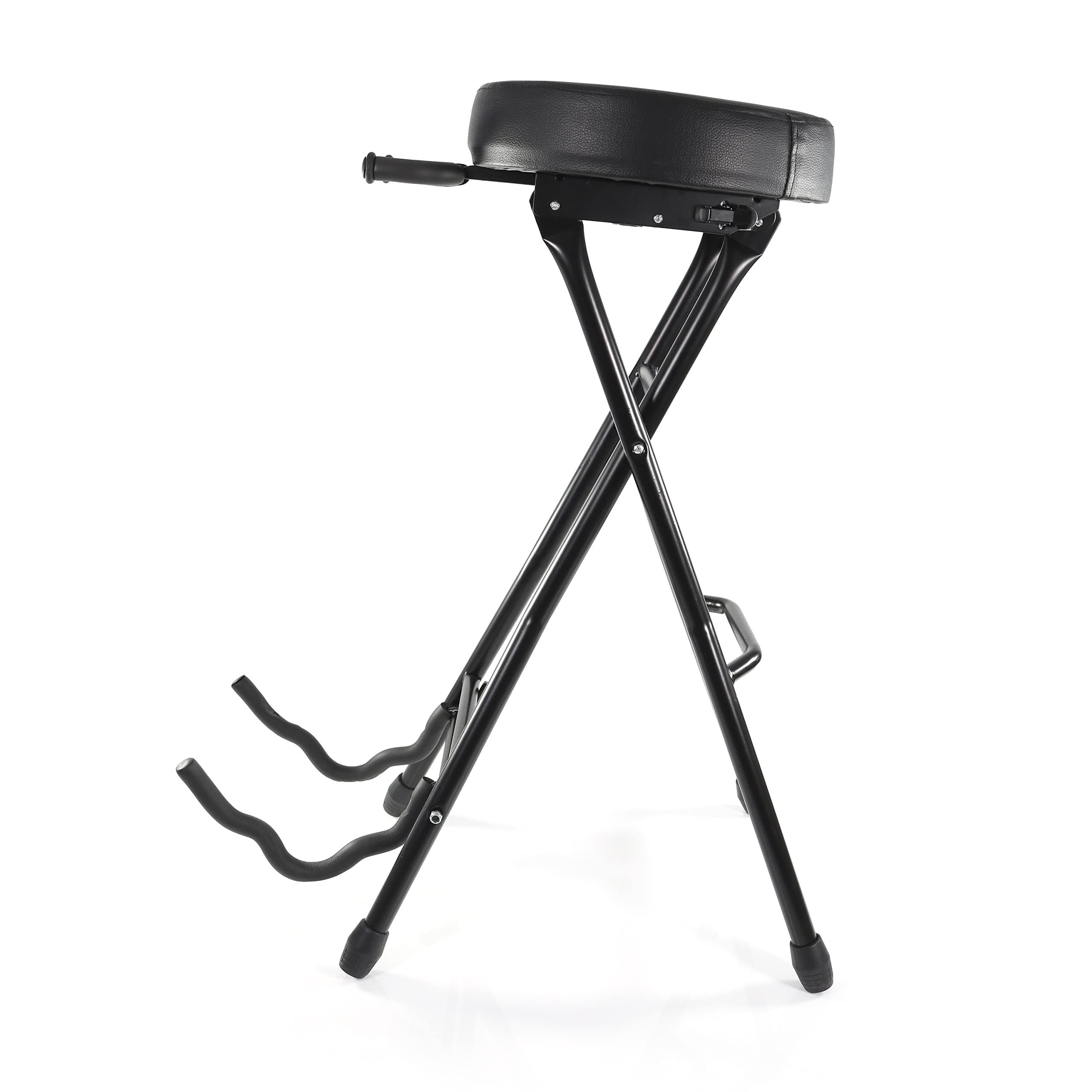 Gebrent Guitar Stool and Stand Combo - Black, Steel, Padded Tilting Seat, Foldable - Complete with String Cleaner