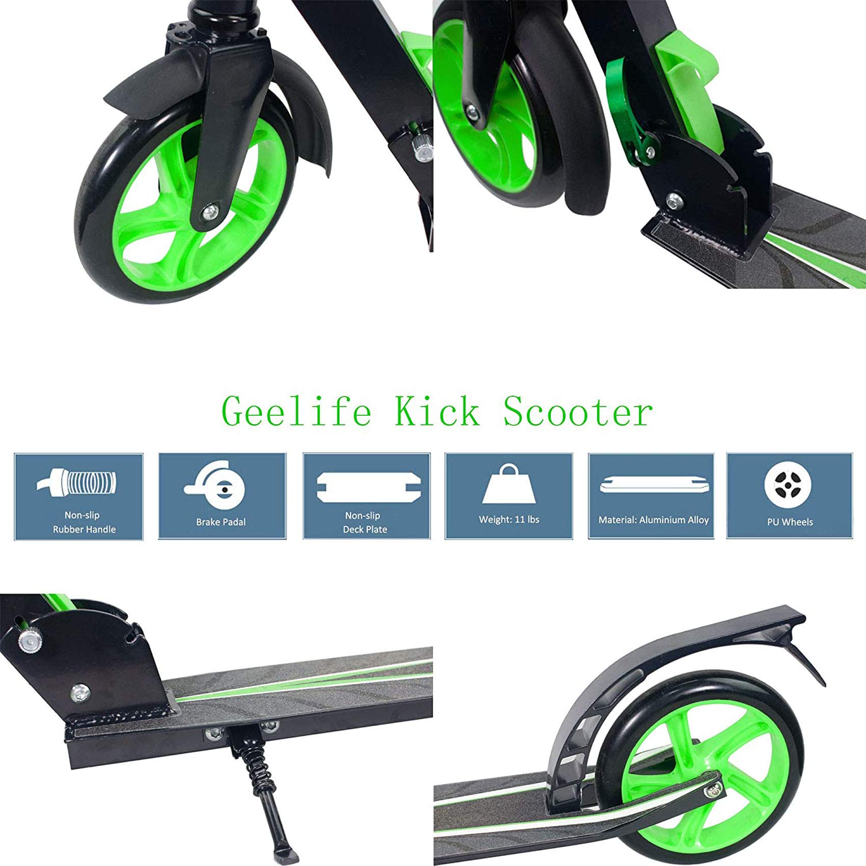 Geelife Scooters 2 Wheel Folding Kick Scooter for Adults Teens Youths Boys Girls (Green)