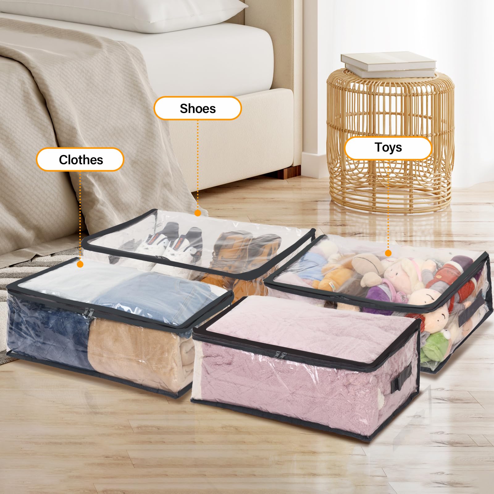 Fixwal 2pcs Clear Clothes Organizer Storage Bags, Foldable Bed Sheet Comforter Storage Bags PVC Organizers with Zipper for Sweaters, Bedding Sets, Closet(35l, 9.5 Gallons)