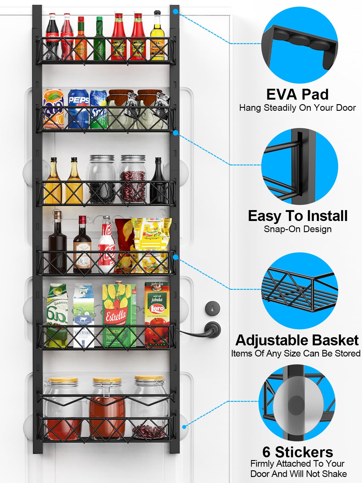 Fulpower Over the Door Pantry Organizer, 6+1 Pantry Door Organizer with Adjustable Basket, Metal Spice Rack Storage for Kitchen Pantry Black (Black 6 Tier)