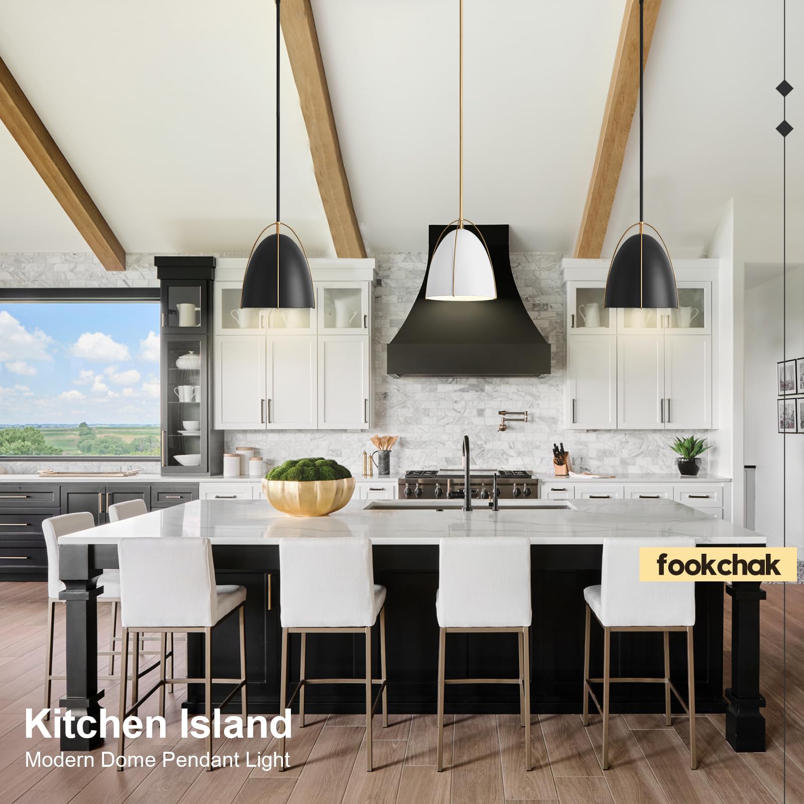 FookChak Black Dome Pendant Light 10in 1-Light Kitchen Pendant Lighting Egg-Shaped Black Gold Pendant Light Fixture for Kitchen Island, Dining Room,Kitchen Sink,Bar,10inԺåE26