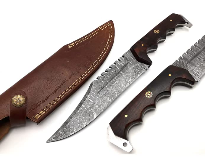 Handmade Damascus steel Hunting Knife with sheath,Fixed blade Bowie knife for Survival, Ergonomic Walnut wood handle | 12-inch Handmade Damascus Horizontal carry knife for men
