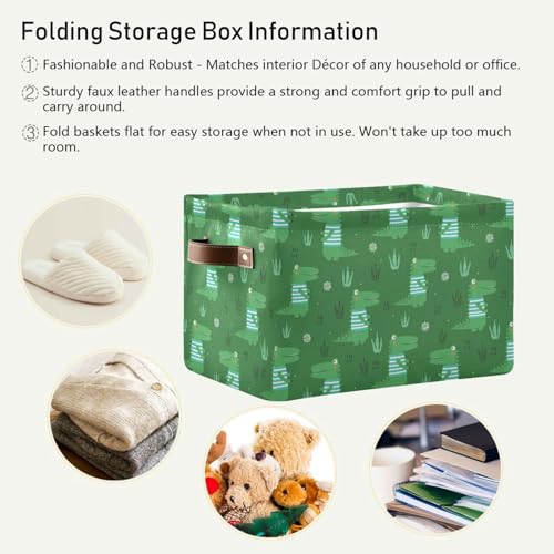 Green Crocodiles Leave Storage Basket Bins Sturdy Toy Storage Organizer Bins Laundry Basket with Handles for Living Room Clothes Nursery Closet Shelf Playroom,2 pcs