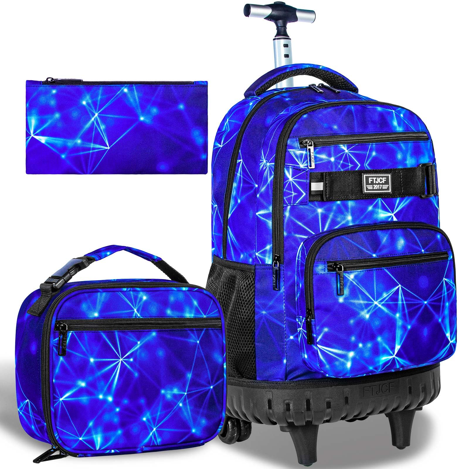FTJCF 3PCS Rolling Backpack, 19 Inche Roller Bag with Wheels for Adults, Aurora Wheeled Bookbag Set for Men Boys(Blue)