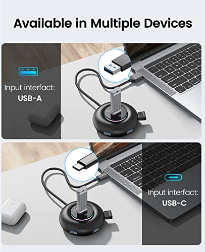 Multi Port USB Splitter, 4 Port USB 3.0 Hub, ORICO USB A Port Data Hub Have RGB Indicators, for Laptop, Computer, Mobile HDD, Flash Drive and Printer, Camera, Key-Borad, Mouse U-Disk etc