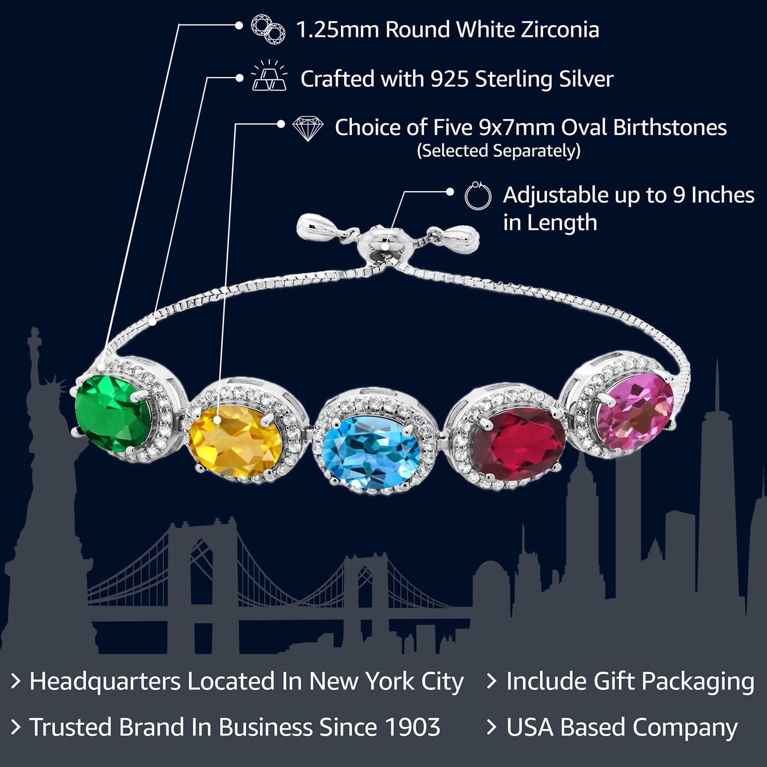Gem Stone King 925 Sterling Silver 9X7MM Oval Gemstone Birthstone 5-Stone Tennis Bracelet For Women | Fully Adjustable Up to 9 Inch