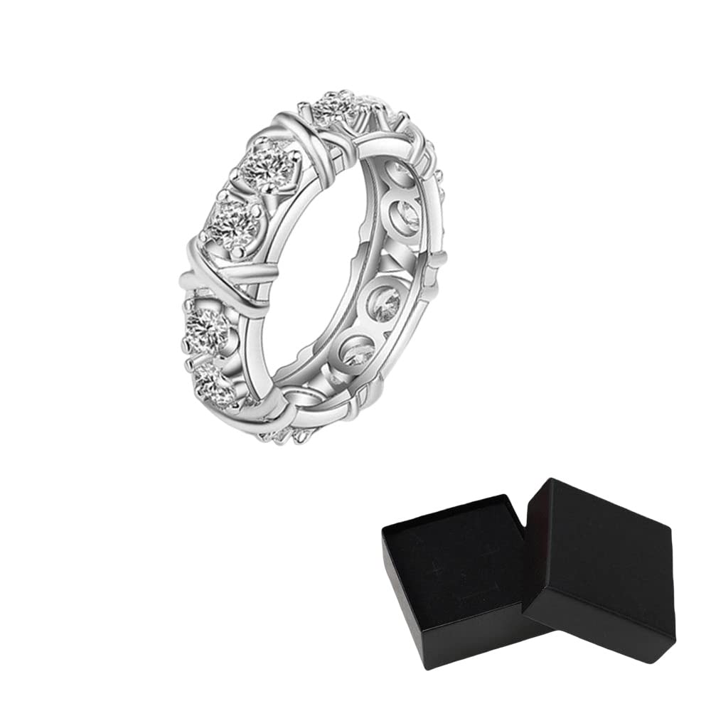 GOVVI 925 Sterling Silver Cross Full Moissanite Diamond Ring,Sterling Silver X Criss Cross Ring,Moissanite Sterling Silver Diamond Rings (White Gold,9)