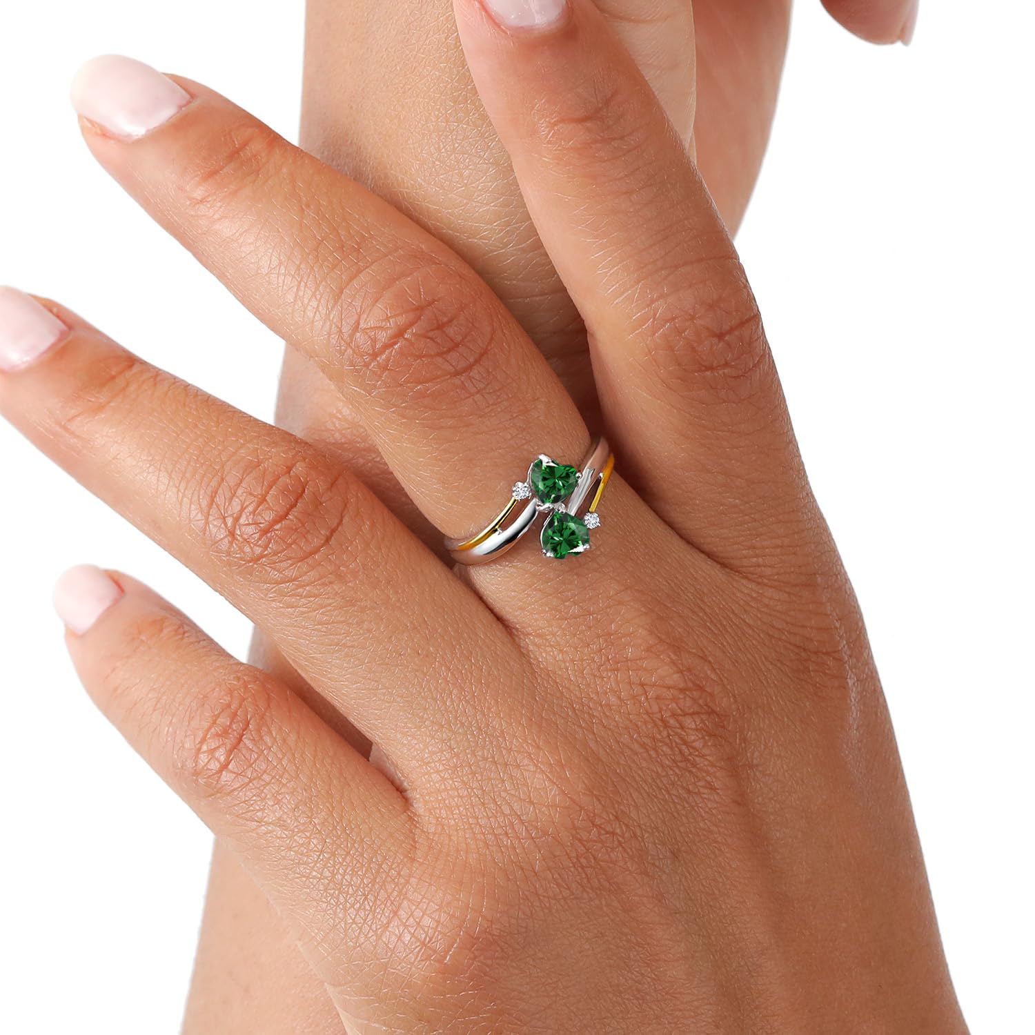 Gem Stone King 1.02 Ct Green Nano Emerald 925 Silver and 10K Yellow Gold Lab Grown Diamond 2 Heart Promise Couple Engagement Mother Ring (Size 9)