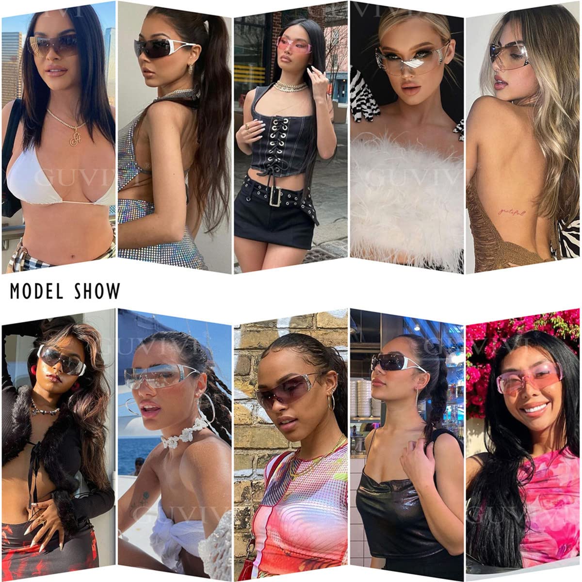GUVIVI Y2K Sunglasses for Women Shield Rimless Frameless Rectangle Sunglasses Gradient Clear Lens Shield Sun Glasses Eyewear
