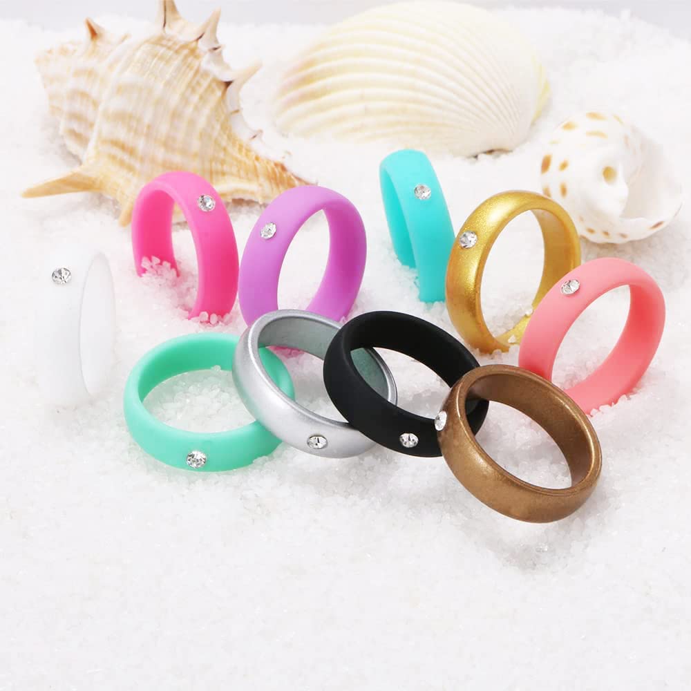 GALANI Silicone Ring Women Set Thin Rubber Rings Wedding Band with Zircon Inlay Stackable Rings Engagment Promise Friendship Love Size 7